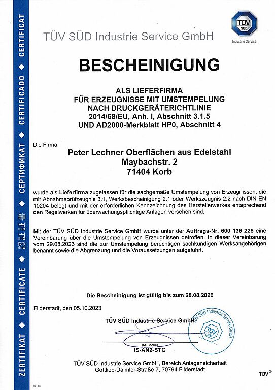 WAZ TÜV restamping certificate